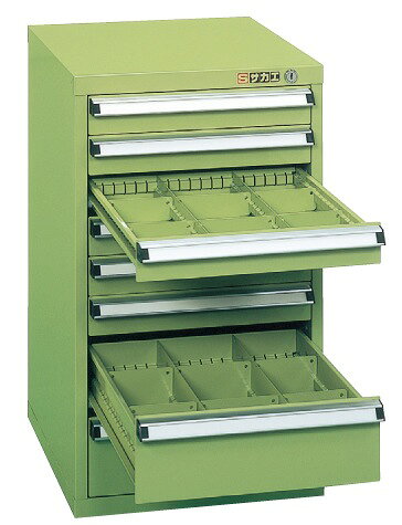 ●外寸：W390×D400×H660mm●カラー：サカエグリーン●質量：32kg●引出内寸法：H60：W310×D330×H52mm、H120：W310×D330×H112mm●セット内容（付属品）：各引出しにパーティション2枚、デバイダー...