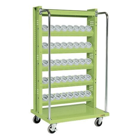 ●外寸：W790×D600×H1440mm●均等耐荷重：360kg●カラー：グリーン●質量：42kg●キャスター：100φナイロンウレタン車 4輪自在（2個ストッパー付）●ホルダー収納数：AS-40 40個●セット内容（付属品）：仕切付トレー付