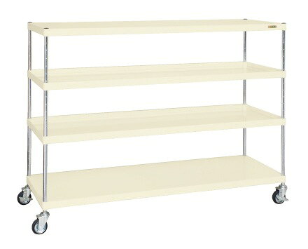 ●外寸：W1800×D450×H1323mm●段数：4段●カラー：アイボリー●均等耐荷重：250kg●質量：70kg●キャスター：100φナイロンウレタン車●ダブルテーパー加工（皿型・フラット型に使いわけ!!）●棚板は50mmピッチで段変え...