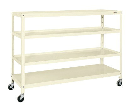 ●外寸：W1800×D600×H1323mm●均等耐荷重：250kg●段数：4段●カラー：アイボリー●質量：92kg●キャスター：100φゴム車●サカエのラックは補強入りでも、皿型、フラット型どちらのタイプも組替えできます。●棚板は50mm...