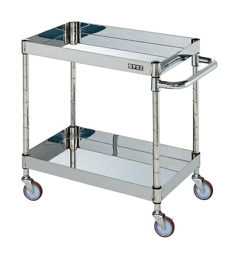 ●外寸：W750×D500×H600mm●均等耐荷重：100kg●材質：SUS304、BA仕上げ●質量：11kg●キャスター：75φナイロンウレタン車●キャスター金具：ステンレス●段数：2●支柱：SUS304(BA仕上げ)25.4φ●改正R...