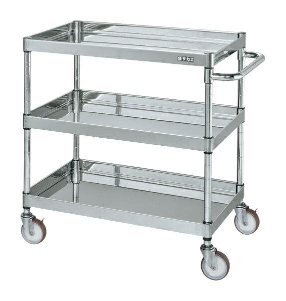 ●外寸：W750×D450×H800mm●均等耐荷重：150kg●材質：SUS430、BA仕上げ(支柱・取手=スチール(ダブルニッケルクロムメッキ仕上げ))●質量：15kg●キャスター：100φナイロンウレタン車●キャスター金具：スチール●...