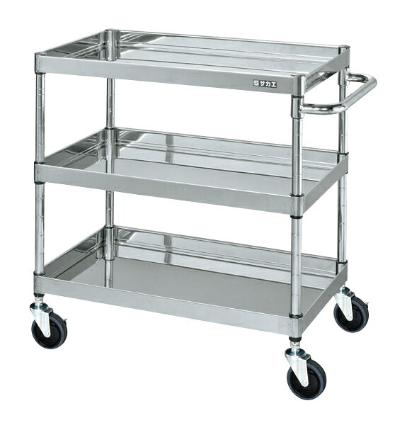 ●外寸：W600×D450×H800mm●均等耐荷重：150kg●材質：SUS430、BA仕上げ(支柱・取手=スチール(ダブルニッケルクロムメッキ仕上げ))●質量：13kg●キャスター：100φサイレントエラストマー車●キャスター金具：スチ...