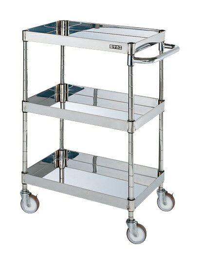 ●外寸：W900×D600×H880mm●均等耐荷重：150kg●材質：SUS430、BA仕上げ(支柱・取手=スチール(ダブルニッケルクロムメッキ仕上げ))●質量：24kg●キャスター：100φナイロンウレタン車●キャスター金具：スチール●...