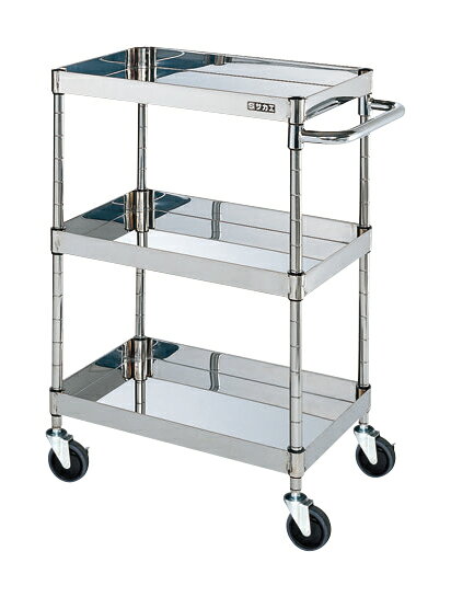●外寸：W600×D400×H880mm●均等耐荷重：150kg●材質：SUS430、BA仕上げ(支柱・取手=スチール(ダブルニッケルクロムメッキ仕上げ))●質量：13kg●キャスター：100φサイレントエラストマー車●キャスター金具：スチ...
