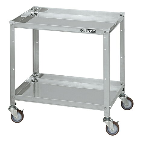 ●外寸：W600×D450×H600mm●均等耐荷重：75kg●質量：9kg●材質：SUS430、#400仕上げ●キャスター：75φナイロンウレタン車（スチール金具）●棚板は皿型・フラット型に組替え可能！●棚板ヘミング