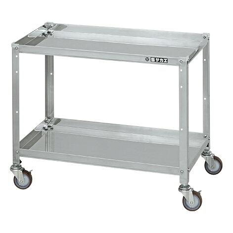 ●外寸：W750×D450×H600mm●均等耐荷重：75kg●質量：9kg●材質：SUS430、#400仕上げ●キャスター：75φナイロンウレタン車（スチール金具）●棚板は皿型・フラット型に組替え可能！●棚板ヘミング