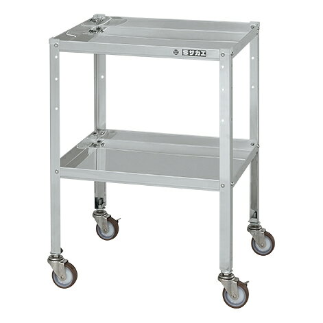 ●外寸：W540×D450×H740mm●均等耐荷重：75kg●質量：8kg●材質：SUS430、#400仕上げ●キャスター：75φナイロンウレタン車（スチール金具）●棚板は皿型・フラット型に組替え可能！●棚板ヘミング