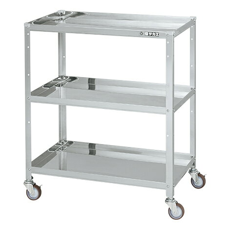 ●外寸：W750×D500×H880mm●均等耐荷重：120kg●質量：13kg●材質：SUS430、#400仕上げ●キャスター：75φナイロンウレタン車（スチール金具）●棚板は皿型・フラット型に組替え可能！●棚板ヘミング