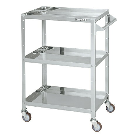 ●外寸：W600×D450×H880mm●均等耐荷重：120kg●質量：13kg●材質：SUS430、#400仕上げ●キャスター：75φナイロンウレタン車（スチール金具）●棚板は皿型・フラット型に組替え可能！●棚板ヘミング