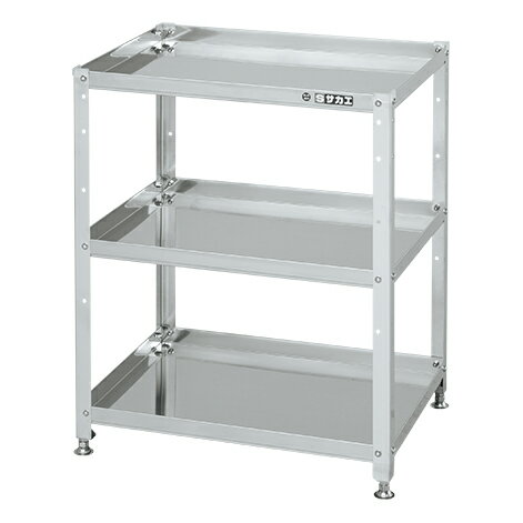 ●外寸：W540×D450×H730mm●均等耐荷重：75kg●質量：7kg●材質：SUS304●アジャスター：ステンレス製　ネジ径M12　P×1.75●支柱突き合わせ方式●棚板は皿型・フラット型変更可能