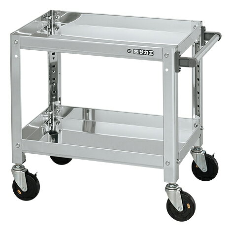 ●外寸：W750×D500×H600mm●均等耐荷重：120kg●質量：16kg●材質：SUS430●キャスター：100φ導電性ゴム車 スチール金具（自在4輪）●支柱突き合わせ方式●棚板は皿型・フラット型変更可能