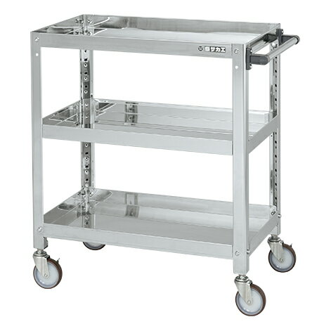 ●外寸：W900×D600×H880mm●均等耐荷重：150kg●質量：29kg●材質：SUS430●キャスター：100φナイロンウレタン車 スチール金具（自在4輪）●支柱突き合わせ方式●棚板は皿型・フラット型変更可能●中棚は50mmピッチ...