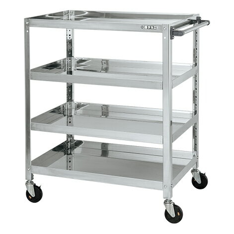 ●外寸：W600×D400×H1100mm●均等耐荷重：200kg●質量：19kg●材質：SUS430●キャスター：100φ導電性ゴム車 スチール金具（自在4輪）●支柱突き合わせ方式●棚板は皿型・フラット型変更可能●中棚は50mmピッチで段...