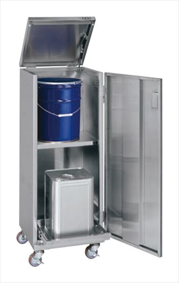 ●外寸：W425×D415×H1155mm●均等耐荷重：60kg（棚板1枚当り）●質量：31kg●材質：SUS430●キャスター：75φナイロンウレタン車 スチール金具●通気孔付●ボールスライドレール採用