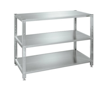 ●外寸：W1800×D350×H900mm●段数：3段●質量：37kg●均等耐荷重（棚1連当り）：500kg●均等耐荷重（棚板1段当り）：50kg●アジャスター：ステンレス製　ネジ径M12　P×1.75●棚板は50mmピッチで段替え可能●注...