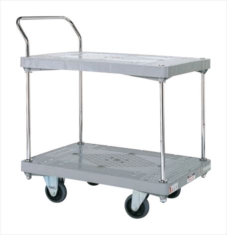 ●外寸：W900×D600×H1020mm●均等積載荷重：400kg●カラー：グレー●質量：25kg●材質：本体：PP、取手はスチール・クロムメッキ仕上げ●キャスター：125φゴム車●荷台有効寸法：上段：W830×D600mm、下段：W78...
