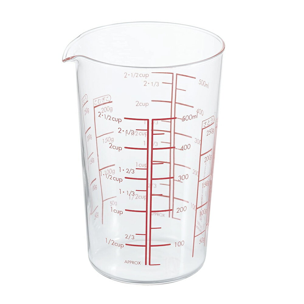 透明に赤い目盛で計りやすいデザイン。 ちょっとした軽量に便利なコンパクトサイズのメジャーカップ。 サイズ：口径9.1cm ／ 幅9.9×奥行9.1×高14.5cm 重量：1200g 容量：500ml 材質：耐熱ガラス「HARIO Glass...