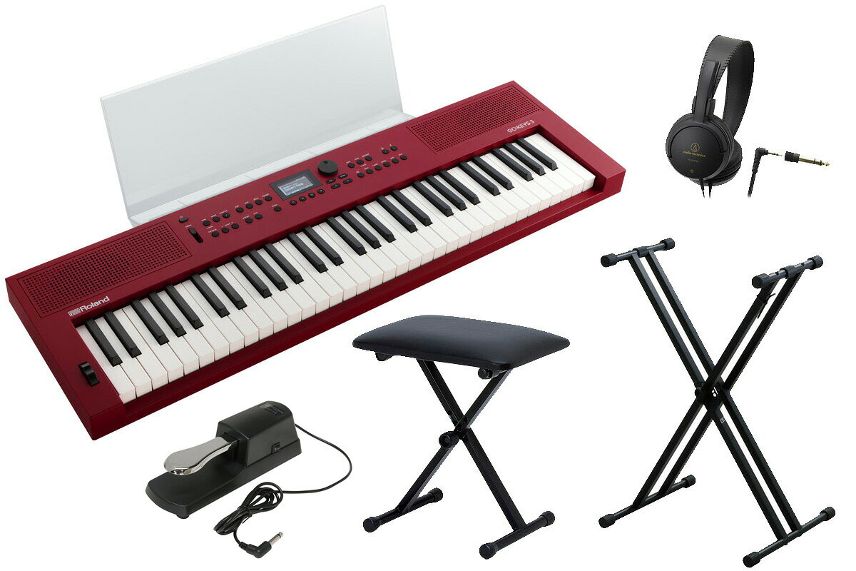 X型キーボードスタンドとキーボードベンチ、ペダル、ヘッドホンがセット！ セット内容 ● Roland / GOKEYS3-RD (GO:KEYS 3) ダークレッド ● Roland / MRGKS3/5 (専用譜面立て) ● 極性切替スイ...