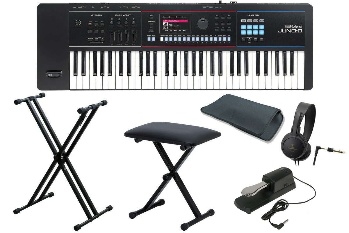 X型キーボードスタンド、キーボードベンチ、ペダルのお買い得セット！！セット内容 ●Roland / JUNO-D6 《背負える専用キャリング・ケース プレゼント！》 ●極性切替スイッチ搭載ダンパー・ペダル (※ハーフペダル機能はございません...