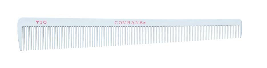 コムバンク #710 ホワイト 刈上げ用 COMBANK ポリアセタール樹脂にシリコンとグラファイトを結合させることにより、高品質で耐熱性、耐薬品に優れています。 また、弾力性があり、歯先も薄くコーミングがスムーズに出来ます。 サイズ：20...