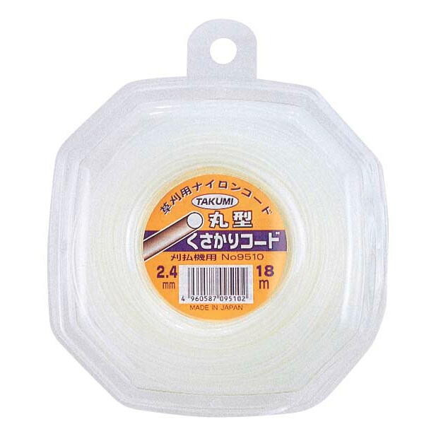 ※上の画像はNo.9510　丸2.4×18mです。 【特長】 ●丸型で直径3．0mmのナイロンコードです。 ●日本製 【仕様】 ・形状　：　丸型 ・サイズ　：　3.0mm×長さ50m ・スプール巻草刈機ナイロンカッター用丸型ナイロンコードです。