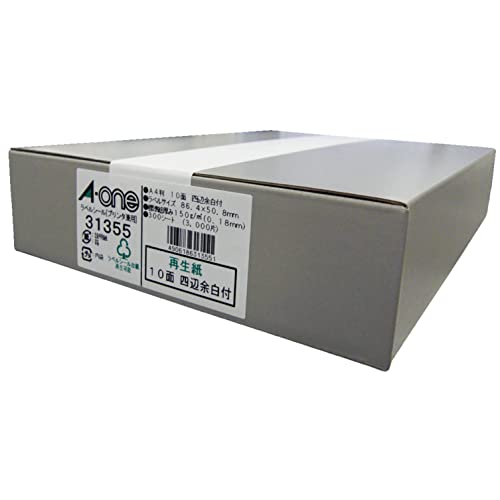 再生紙・ホワイト/材質:再生紙/標準総厚み:150g/(0.18mm)/ラベル厚み:0.08mmA4判 10面 四辺余白付/シートサイズ:A4判 (210mm×297mm)/ラベルサイズ:86.4mm×50.8mm(2列×5段)対応プリンタ...