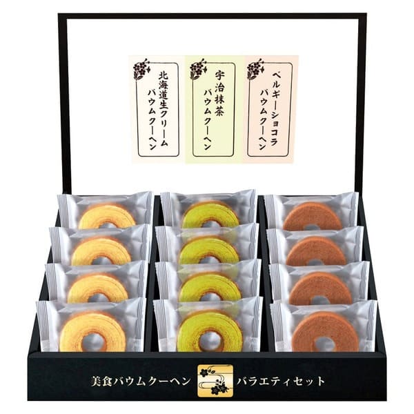　　☆☆☆ 商品詳細 ☆☆☆ ●化粧箱入／約210×345×65mm ●内容／ミニバウムクーヘン（北海道生クリーム・宇治抹茶・ベルギーショコラ）×各4 ●アレルゲン／卵・乳・小麦