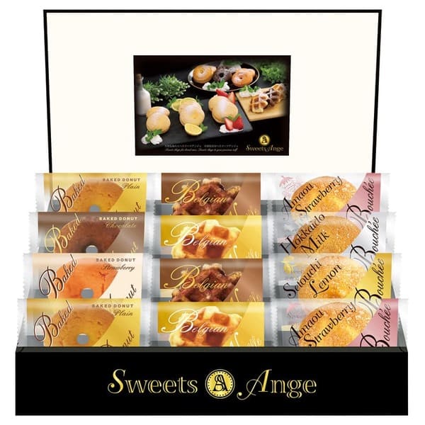 　　☆☆☆ 商品詳細 ☆☆☆ ●化粧箱入／約210×345×65mm ●内容／ベルギーワッフル（プレーン・ショコラ）・ベイクドドーナツ（プレーン）・ブッセ（あまおう苺）×各2、ベイクドドーナツ（ショコラ・ストロベリー）・ブッセ（北海道ミルク...