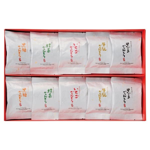 　　☆☆☆ 商品詳細 ☆☆☆ ●化粧箱入／約260×390×45mm ●内容／黒糖かりん糖（10g）・黒胡麻かりん糖（10g）・牛乳かりん糖（10g）・抹茶かりん糖（10g）・いちごかりん糖（10g）×各2 ●アレルゲン／乳・小麦