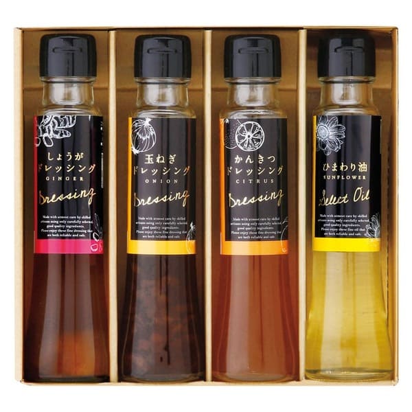 　　☆☆☆ 商品詳細 ☆☆☆ ●化粧箱入／約185×203×52mm ●内容／しょうがドレッシング（100ml）・玉ねぎドレッシング（100ml）・かんきつドレッシング（100ml）・ひまわり油（90g）×各1 ●アレルゲン／小麦