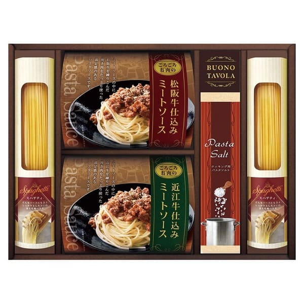 　　☆☆☆ 商品詳細 ☆☆☆ ●化粧箱入／約280×345×55mm ●内容／スパゲティ（100g）×2、松阪牛仕込みごろごろミートソース（150g）・近江牛仕込みごろごろミートソース（150g）・パスタソルト（100g）×各1 ●アレルゲ...