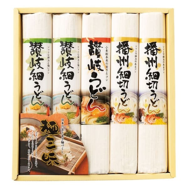 　　☆☆☆ 商品詳細 ☆☆☆ ●化粧箱入／約259×243×31mm ●内容／讃岐うどん（180g）×1、讃岐細うどん（150g）・播州細切うどん（150g）×各2 ●アレルゲン／小麦