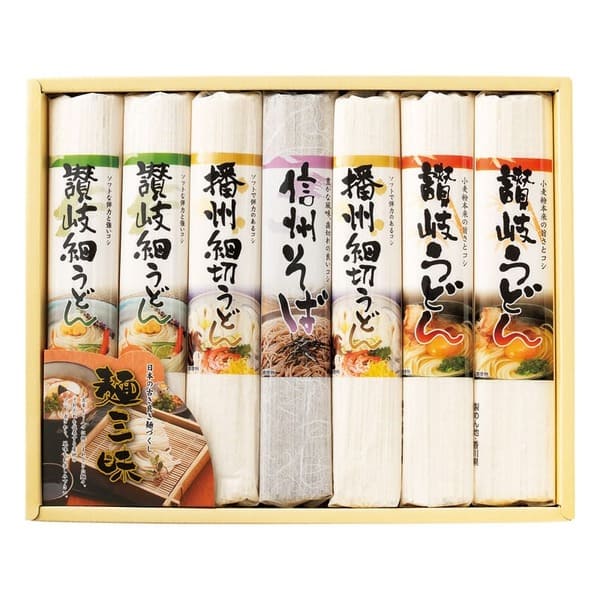 　　☆☆☆ 商品詳細 ☆☆☆ ●化粧箱入／約264×323×38mm ●内容／讃岐うどん（180g）・讃岐細うどん（150g）・播州細切りうどん（150g）×各2、信州そば（120g）×1 ●アレルゲン／小麦・そば
