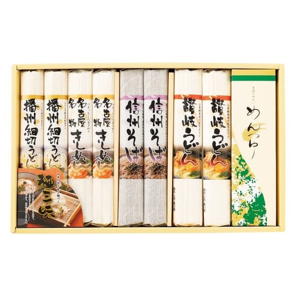 　　☆☆☆ 商品詳細 ☆☆☆ ●化粧箱入／約264×426×37mm ●内容／讃岐うどん（180g）・信州そば（120g）・名古屋名物きしめん（150g）・播州細切りうどん（150g）×各2、めんつゆ（25g）×6 ●アレルゲン／小麦・そば