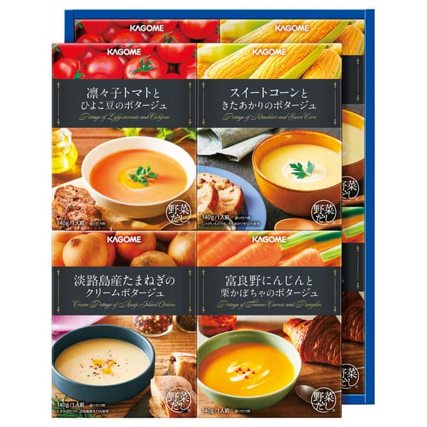 　　☆☆☆ 商品詳細 ☆☆☆ ●化粧箱入／約355×286×55mm ●内容／凛々子トマトとひよこ豆のポタージュ（140g）・スイートコーンときたあかりのポタージュ（140g）・淡路島産たまねぎのクリームポタージュ（140g）・富良野にんじ...