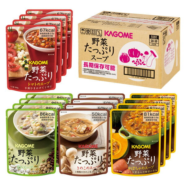 　　☆☆☆ 商品詳細 ☆☆☆ ●ダンボール箱入／約171×265×173mm ●内容／トマトのスープ（160g）・豆のスープ（160g）・かぼちゃのスープ（160g）・きのこのスープ（160g）×各4 ●アレルゲン／乳・小麦