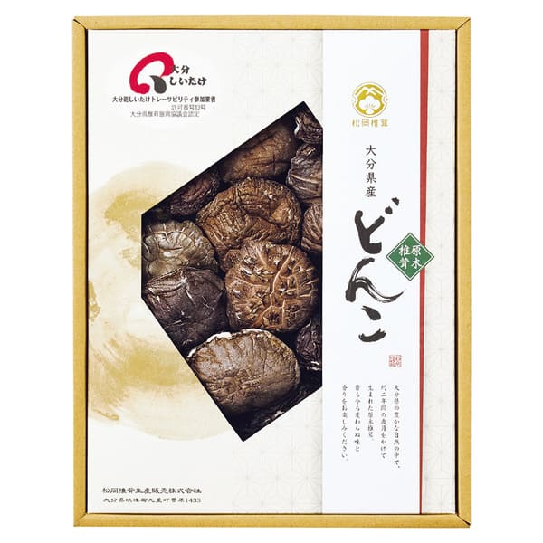 　　☆☆☆ 商品詳細 ☆☆☆ ●化粧箱入／約310×240×60mm ●内容／大分産原木乾椎茸どんこ（90g）×1
