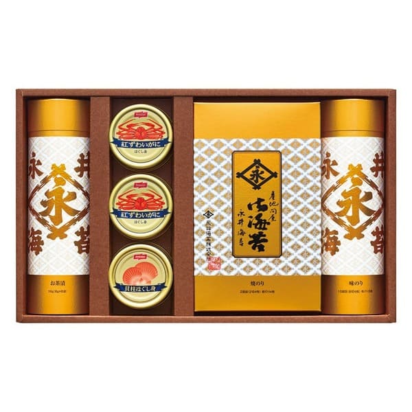 　　☆☆☆ 商品詳細 ☆☆☆ ●化粧箱入／約260×425×85mm ●内容／焼のり（2切4枚2袋）・味のり（8切4枚10袋）・のり茶漬（6袋）・貝柱ほぐし身×各1、カニ缶×2 ●アレルゲン／小麦・えび・かに