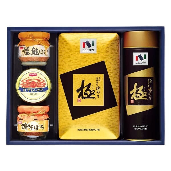 　　☆☆☆ 商品詳細 ☆☆☆ ●化粧箱入／約248×233×77mm ●内容／焼のり半裁缶2袋詰（2切7枚）・紅ずわいがにほぐし身（55g）・焼鮭ほぐし瓶（50g）・鶏そぼろ瓶（50g）×各1 ●アレルゲン／小麦・かに