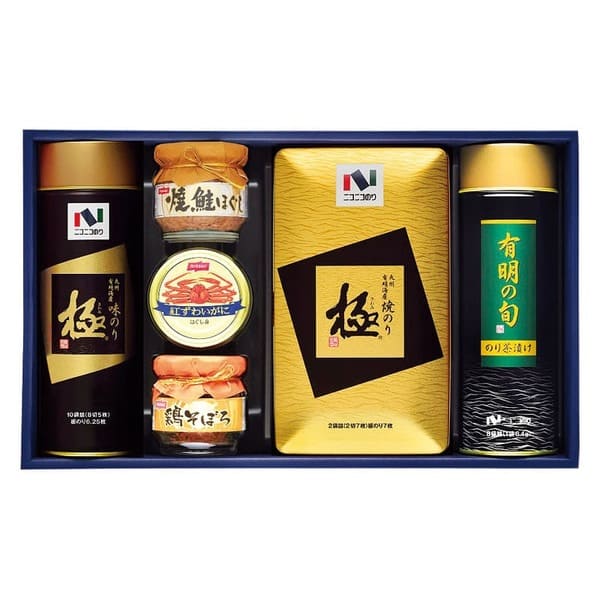 　　☆☆☆ 商品詳細 ☆☆☆ ●化粧箱入／約250×410×82mm ●内容／味のり丸缶10袋詰（8切5枚）・焼のり半裁缶2袋詰（2切7枚）・のり茶漬け缶（6.4g×8袋）・紅ずわいがにほぐし身（55g）・焼鮭ほぐし瓶（50g）・鶏そぼろ瓶...