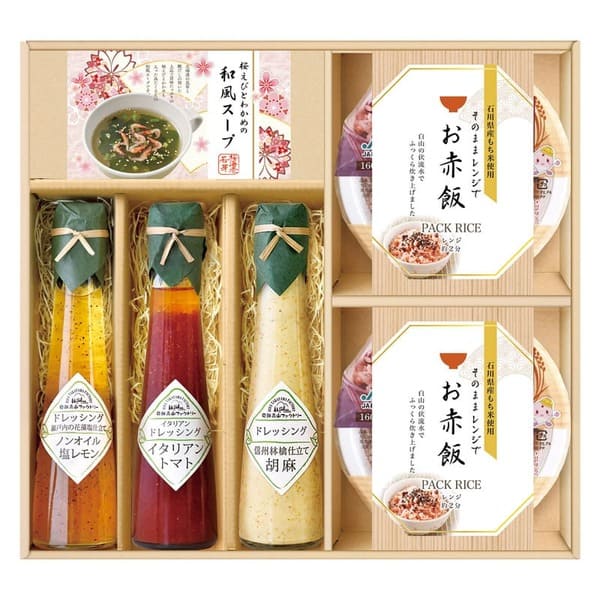 　　☆☆☆ 商品詳細 ☆☆☆ ●化粧箱入／約294×311×50mm ●内容／赤飯パック（160g）×2、信州りんご仕立て胡麻ドレッシング（120ml）・イタリアントマトドレッシング（120ml）・ノンオイル塩レモンドレッシング（120ml...