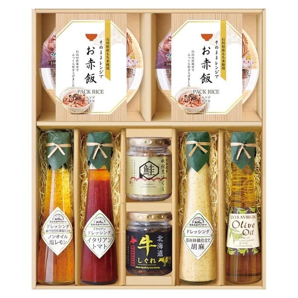 　　☆☆☆ 商品詳細 ☆☆☆ ●化粧箱入／約294×311×50mm ●内容／赤飯パック（160g）×2、信州りんご仕立て胡麻ドレッシング（120ml）・イタリアントマトドレッシング（120ml）・ノンオイル塩レモンドレッシング（120ml...