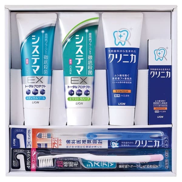 　　☆☆☆ 商品詳細 ☆☆☆ ●化粧箱入／約246×246×43mm ●内容／システマEXハミガキメディカルクール（約130g）・システマEXハミガキエクストラハーブ（約130g）・クリニカハミガキマイルドミント（約130g）・クリニカハミ...