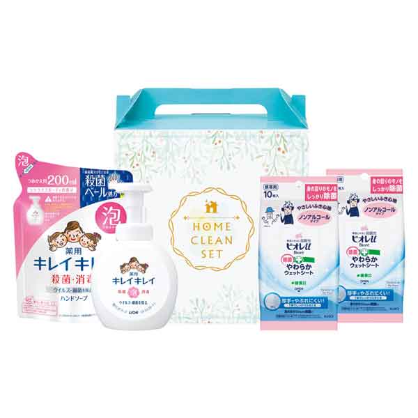　　☆☆☆ 商品詳細 ☆☆☆ ●箱サイズ／約68×193×193mm ●内容／ライオンキレイキレイ薬用泡ハンドソープ（250ml）・ライオンキレイキレイ薬用泡ハンドソープ詰め替え（200ml）×各1、花王ビオレu除菌やわらかウエットシートノ...