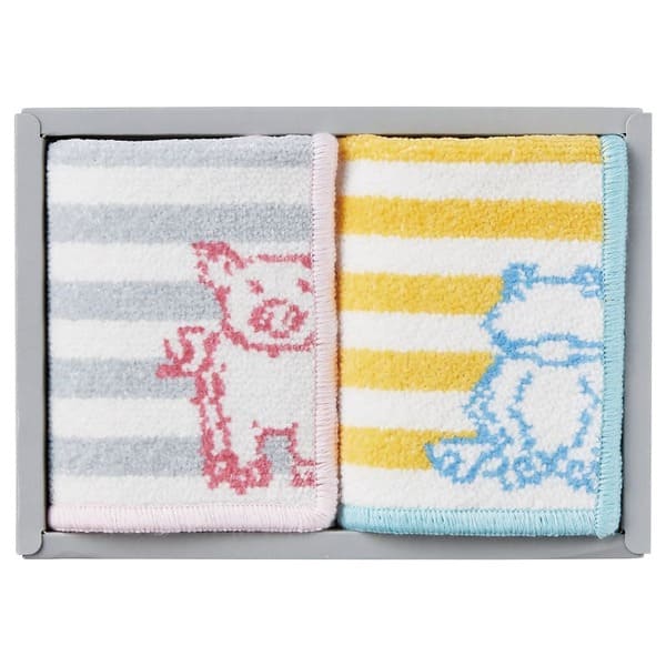 　　☆☆☆ 商品詳細 ☆☆☆ ●化粧箱／約130×178×25mm ●材質／綿100% ●内容／ミニタオルハンカチ（約200×200mm）×2 ●箱入重量／約105g ●原産国／日本製