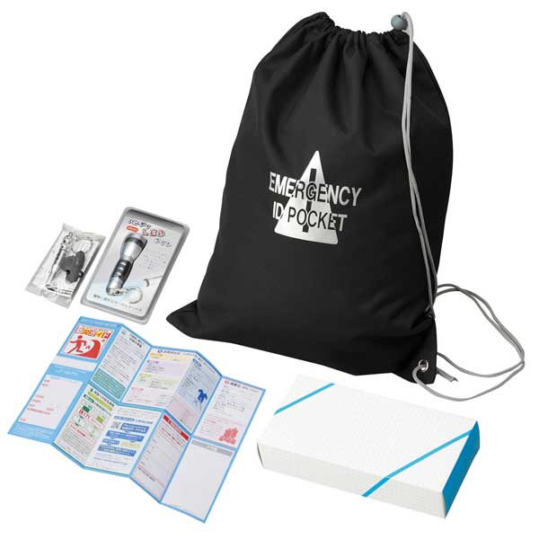 商品詳細 セット内容 IDポケット付非常袋（約440×340mm）、LEDミニライト（ボタン電池LR41×4個入）、ホイッスル、防災ガイド 材質 非常袋：ポリエステル 箱サイズ 約100×212×47mm 重量 約168g JAN 4997...