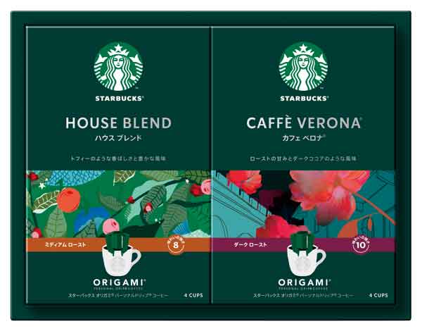 　　☆☆☆ 商品詳細 ☆☆☆ ●セット内容／スターバックス オリガミ パーソナルドリップ コーヒー9g×4P×2（ハウス ブレンド・カフェ ベロナ×各1） ●賞味期限／製造後360日 ●箱サイズ／164×220×87mm