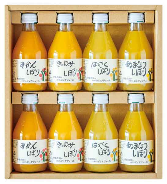 　　☆☆☆ 商品詳細 ☆☆☆ ●セット内容／100%ピュアジュース180ml（みかん・きよみ・はっさく・あまなつ×各2本） ●賞味期限／製造後360日 ●箱サイズ／260×285×65mm