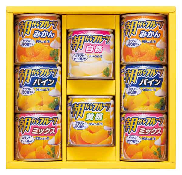 　　☆☆☆ 商品詳細 ☆☆☆ ●セット内容／朝からフルーツ190g（みかん・パイン・ミックス×各2、白桃・黄桃×各1） ●賞味期限／製造後1095日 ●箱サイズ／230×239×75mm ●アレルゲン／もも